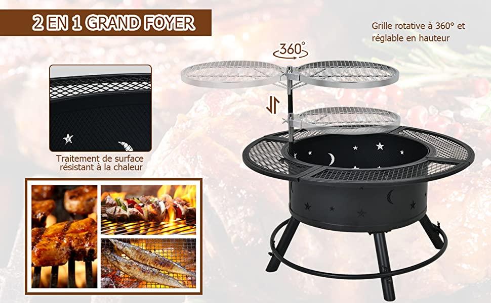 Brasero Foyer Extérieur de Jardin avec Grille de Barbecue Réglable et ...